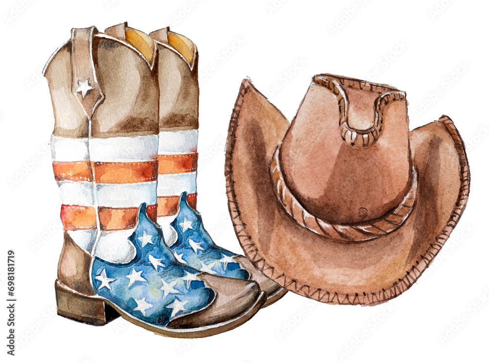 Watercolor hand painted cowboy hat and cowboy boots clipart set ...