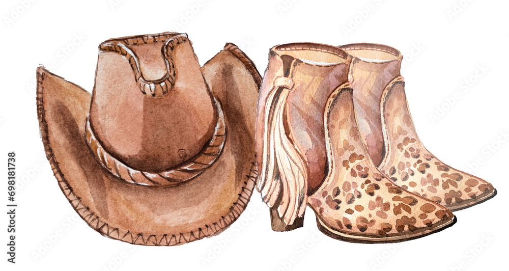 Watercolor hand painted cowboy hat and cowboy boots clipart set ...