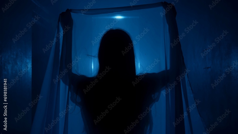 Horror movie and poltergeist creative advertising concept. Portrait of ...