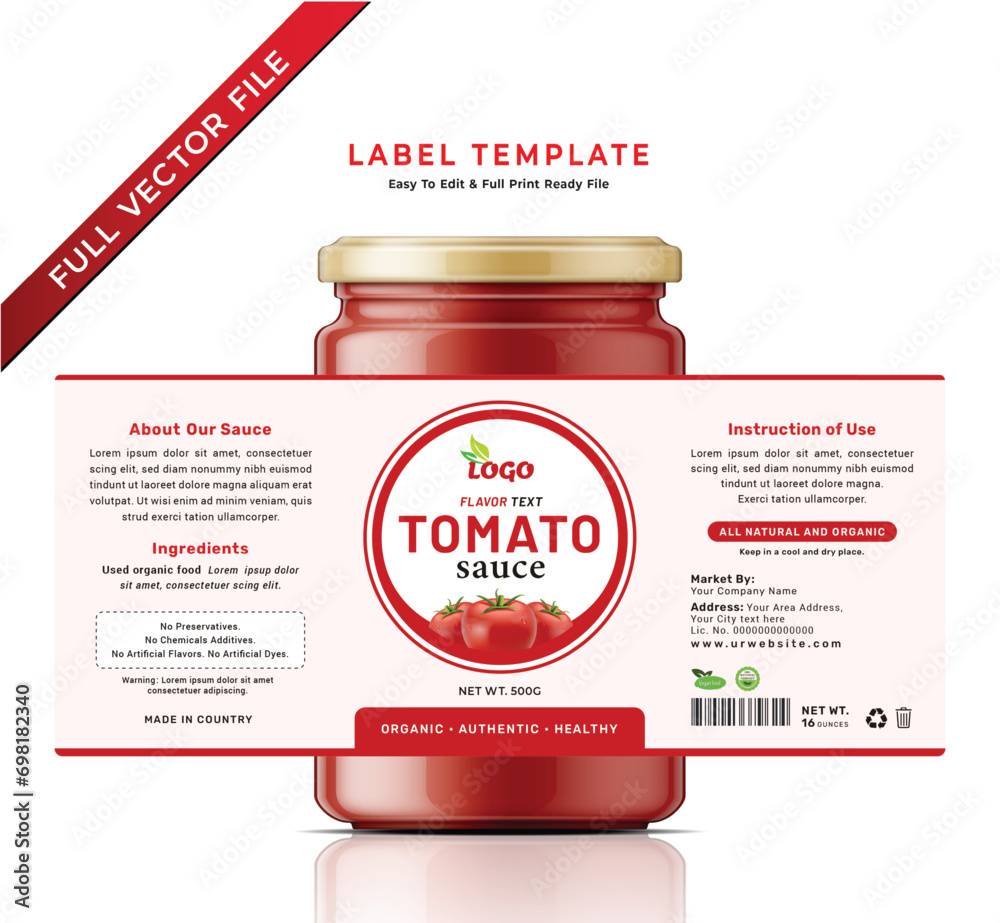 Tomato Sauce Label Bottle Jar Food Sticker Packaging Design Stock Vector Adobe Stock