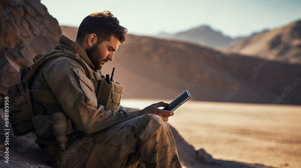 War Zone Connectivity: US Soldier Operating Tablet on Duty, Generative ...