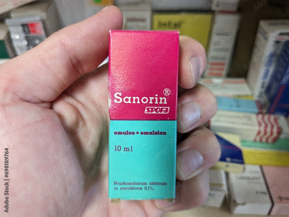 Prague,Czech republic-December 1 2023: SANORIN SPOFA emulsion nose drops medication with active ...