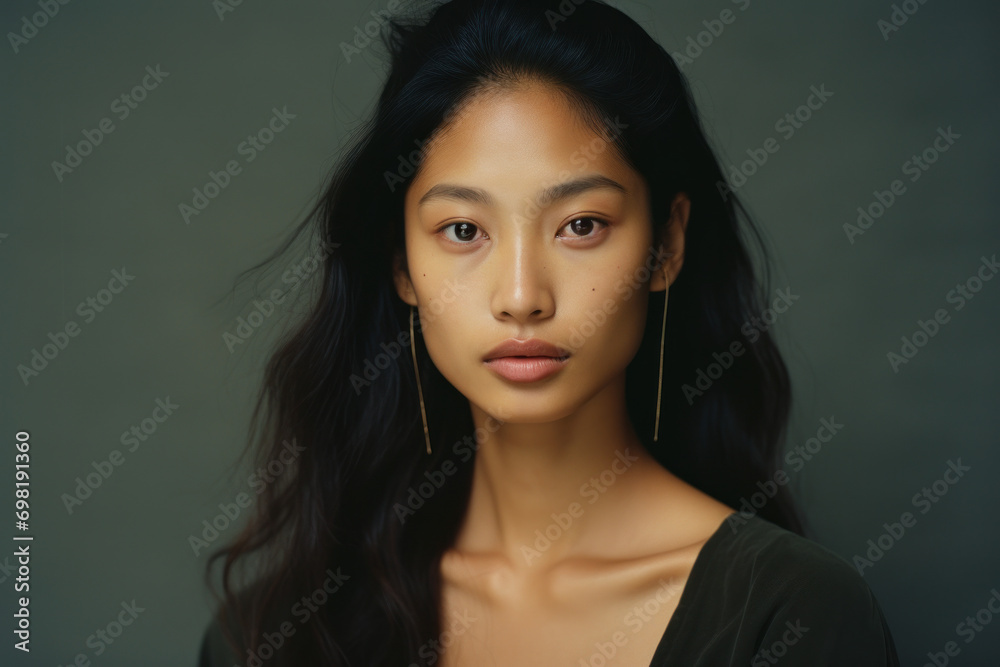 portrait headshot of a young asian/korean/japanese woman with long dark ...