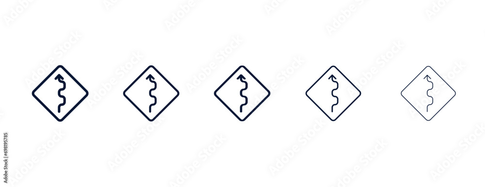curvy road warning sign outline icon. Black, bold, regular, thin, light ...