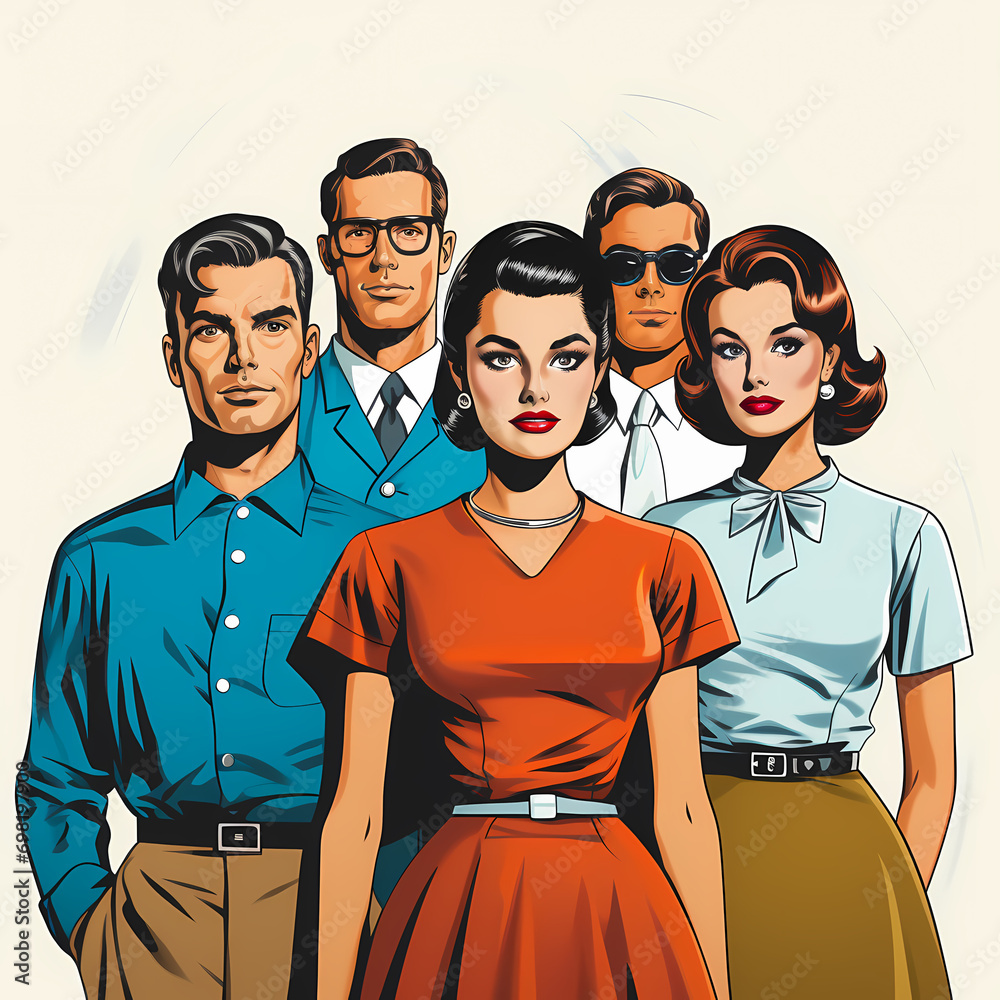 Group of people in retro vintage pop art style, cartoon comic book ...