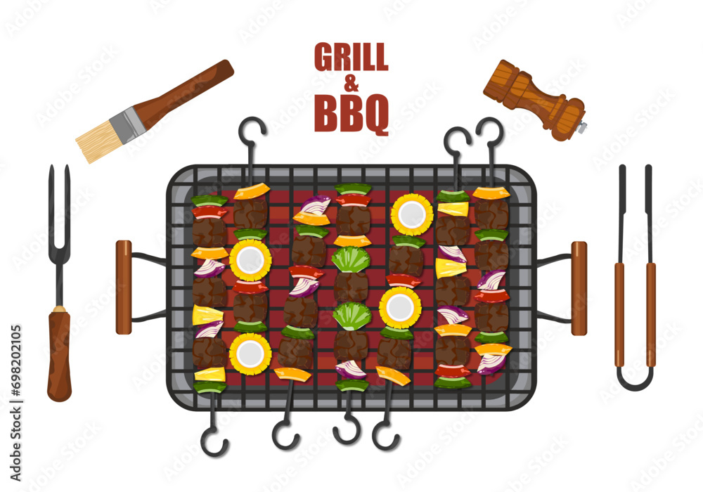 Grilled steak cooking vector illustration BBQ on a hot charcoal grill ...