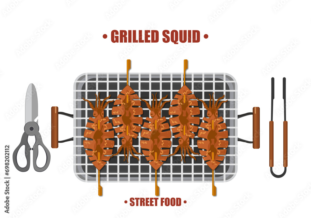 Grill cooking vector illustration Squid grilled on a hot charcoal grill ...