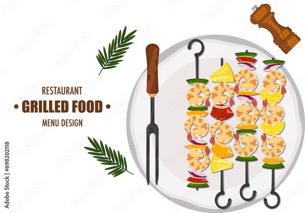 Illustration set of grilled food, barbecue, shrimp, spices, and various ...