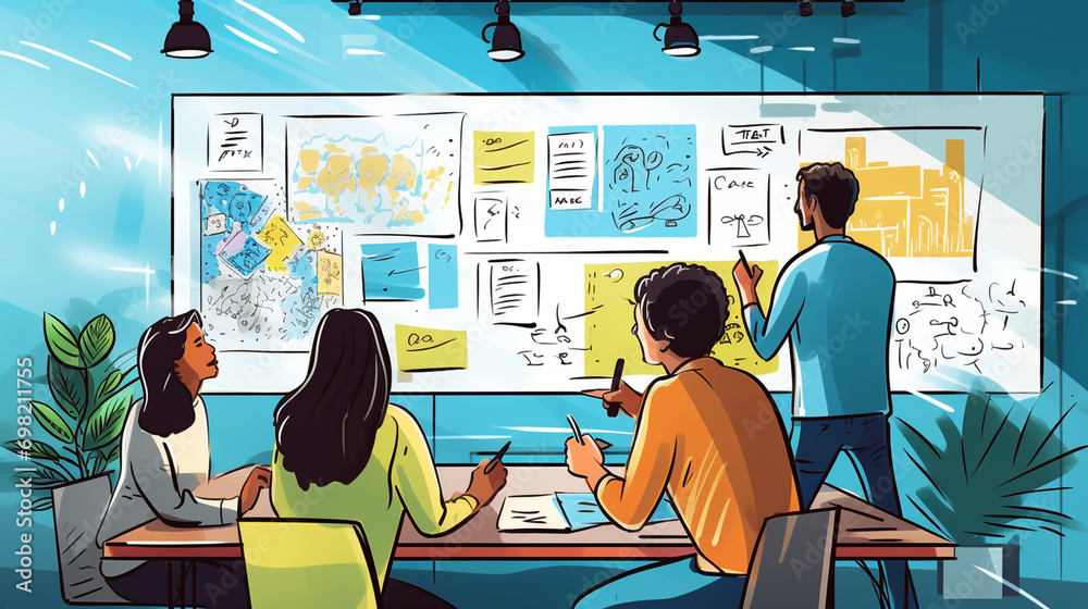 Team of Employees Brainstorming Ideas on a Whiteboard in a Creative ...