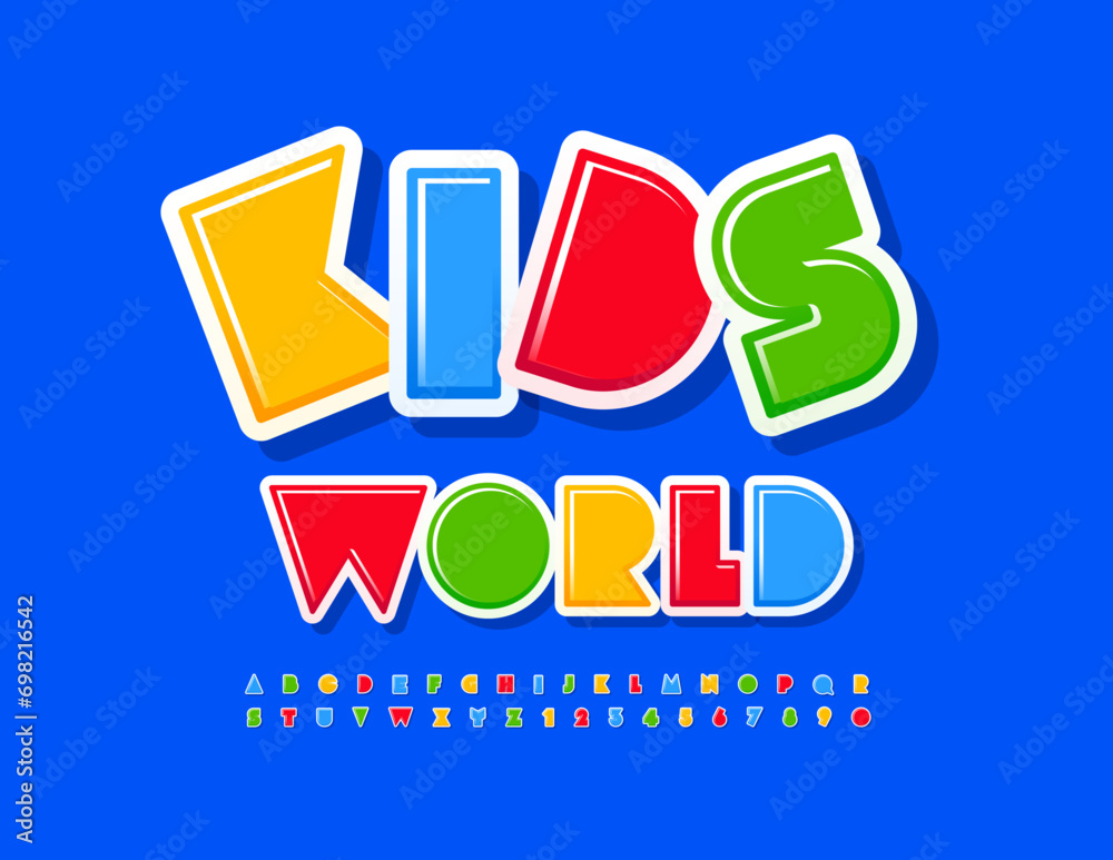 Vector bright sign Kids World. Children cute Font. Colorful Glossy ...