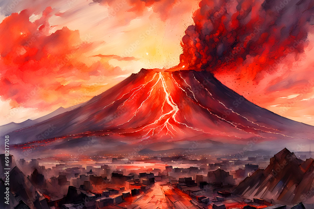 Watercolor painting of the volcana Mount Vesuvius spitting lava at ...