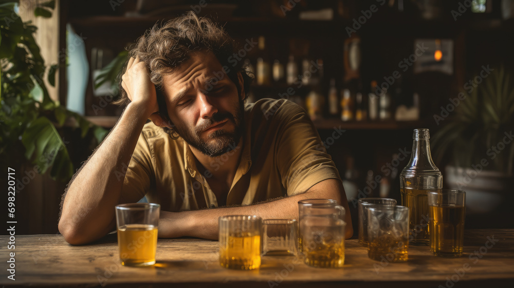 sad man suffers from a hangover and headache after a party, alcohol ...