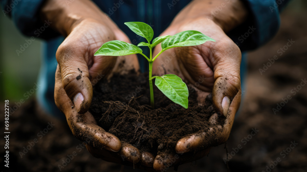 Men's strong hands hold a handful of earth from a plant sapling, new ...