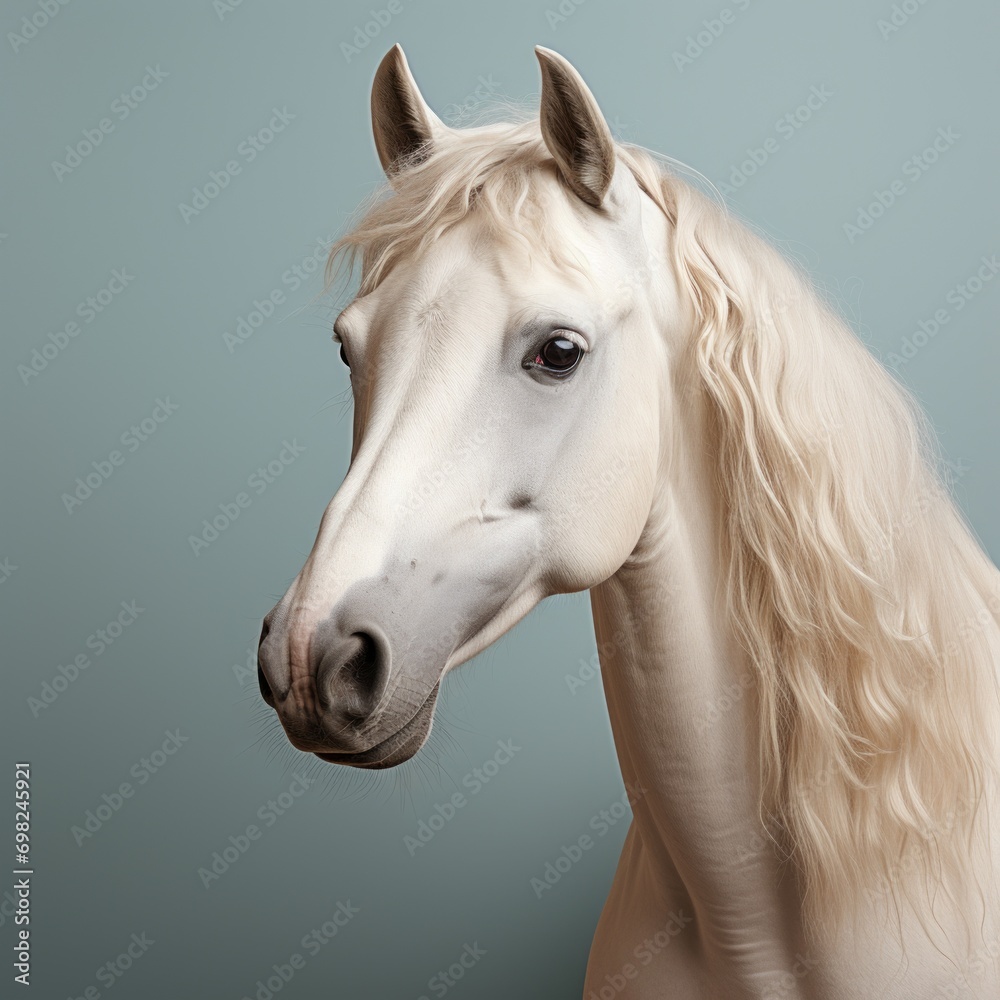 Side portrait of a graceful white horse with a shiny mane on a solid ...
