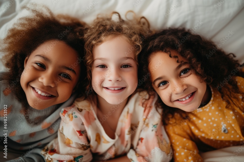 Group portrait of diverse little girls on the bed Stock Photo | Adobe Stock