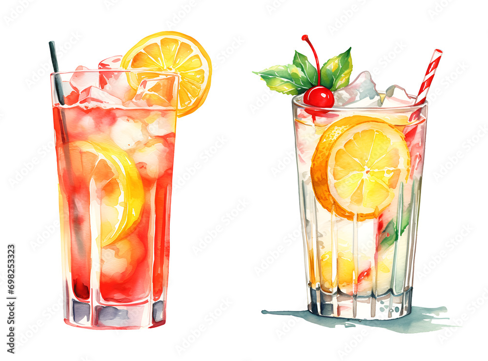 Cocktail Tom Collins, watercolor clipart illustration with isolated ...