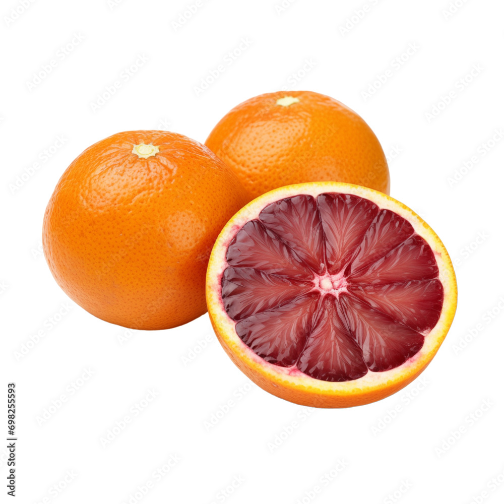 fresh organic blood orange fruit cut in half sliced with leaves ...