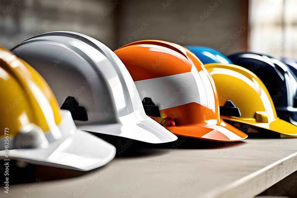 Construction safety helmets aligned on clean desk. Stock Photo | Adobe ...