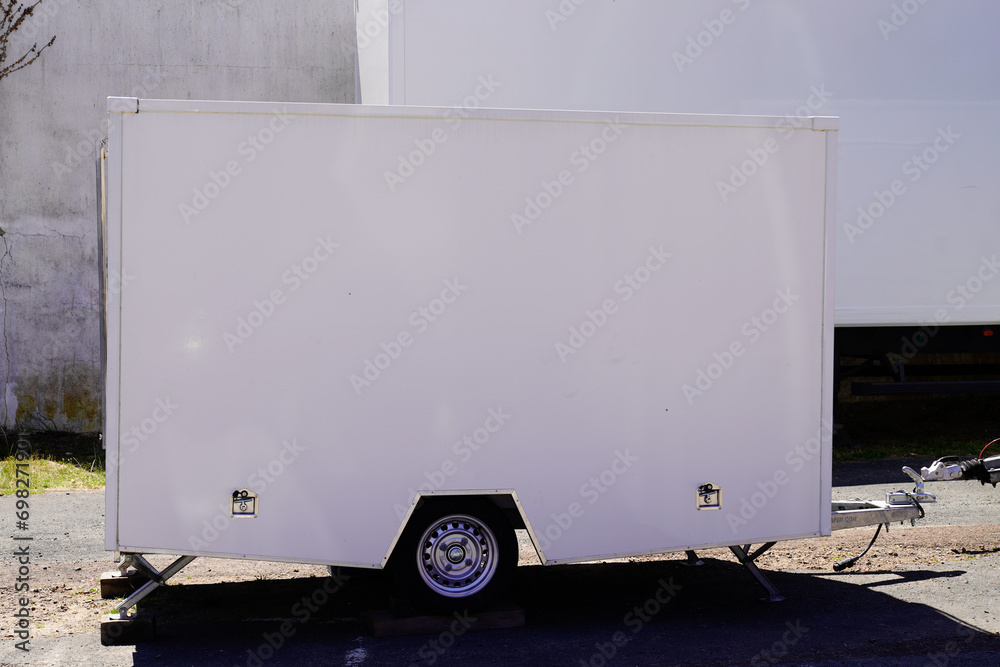 Car trailer with folded awning for a fairground or market stand selling ...
