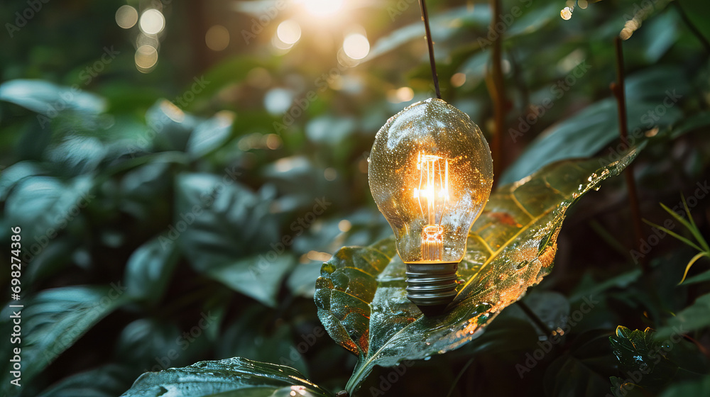 A solitary light bulb illuminates a verdant leaf, a symbol of nature's ...