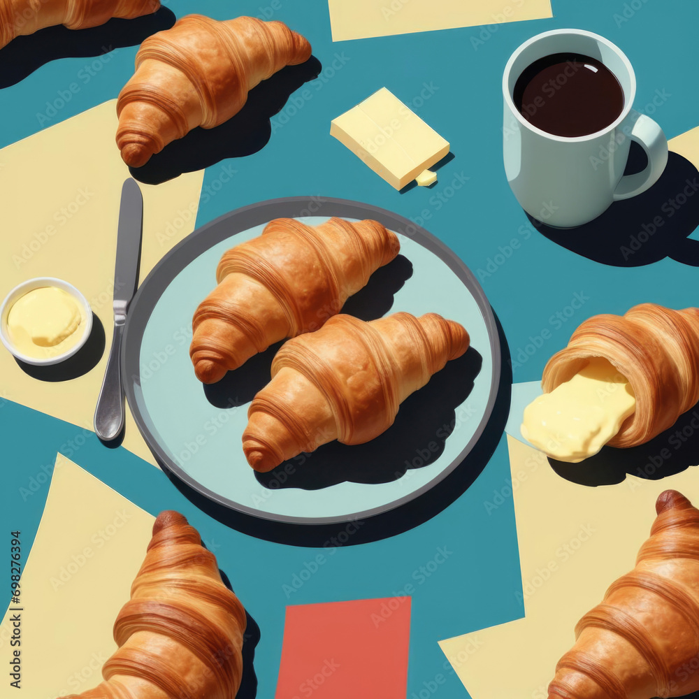 French Croissant with Butter - Flat digital pop art style with a focus ...