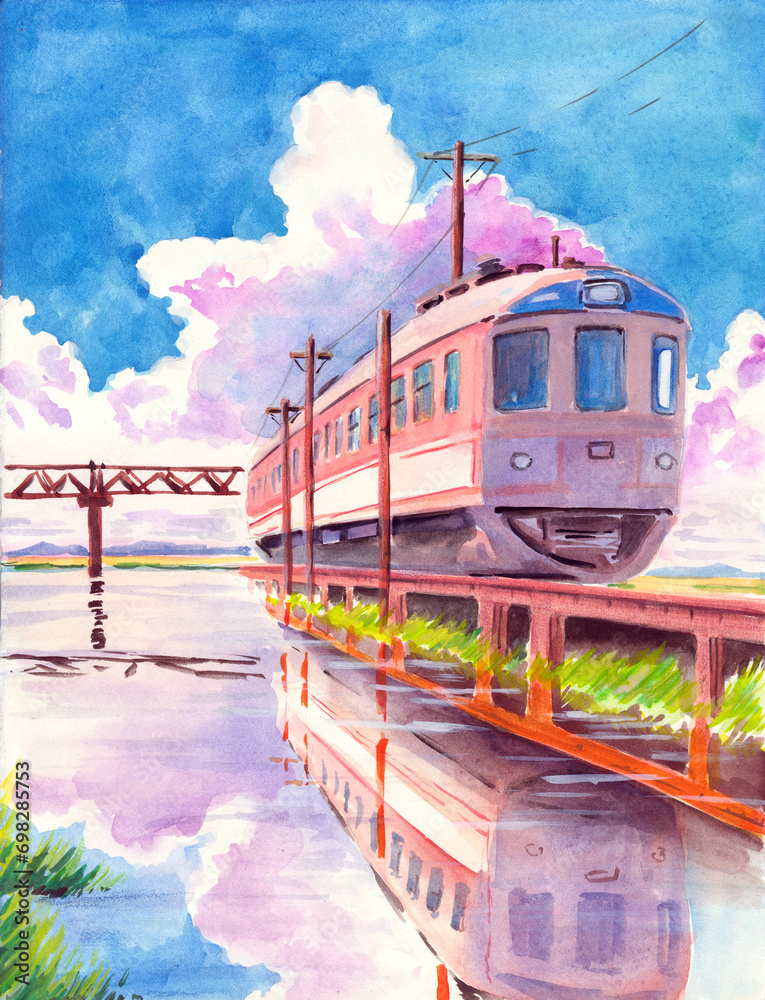 Watercolor and colored pencil illustration of a train traveling on a ...