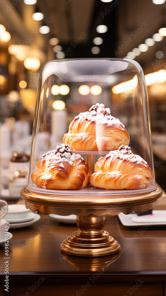 Freshly baked brioche pastries under a glass dome on a gold stand, with ...
