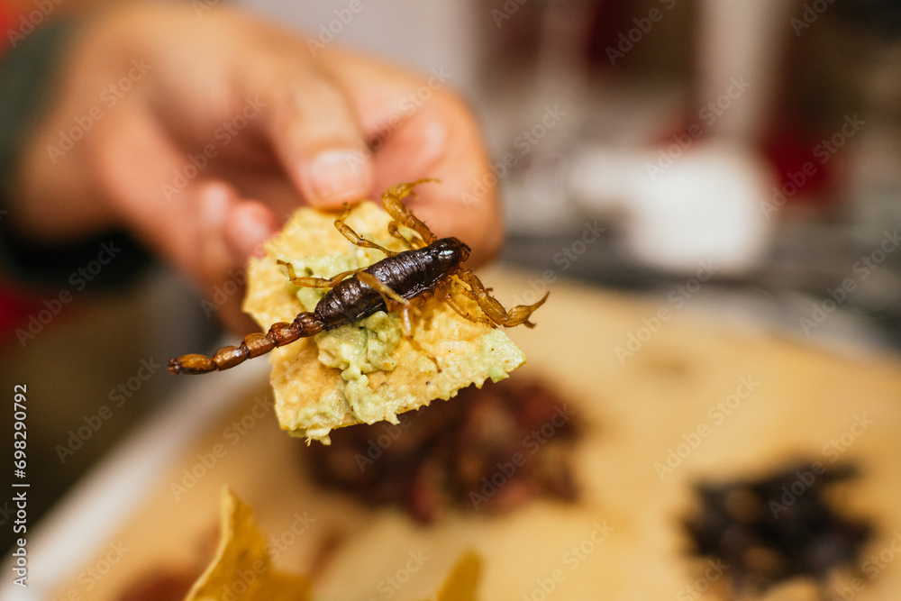 Delicious insect board with guacamole and toast, with grasshoppers ...