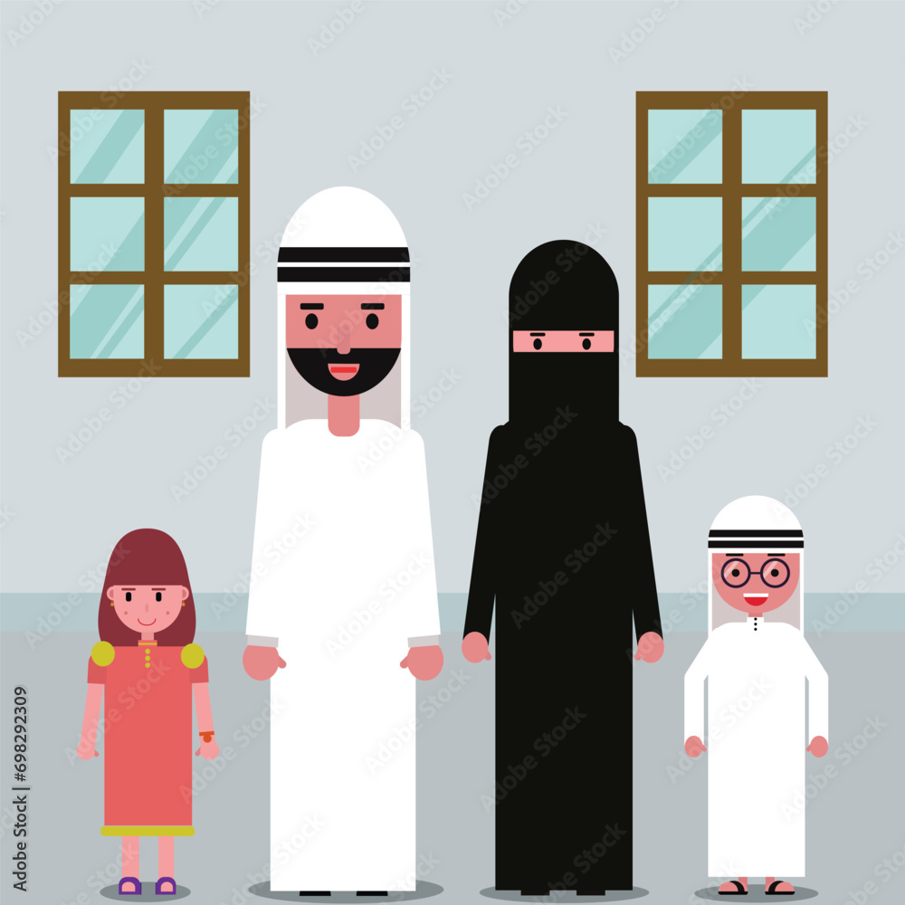 vector family of arab cartoon people in traditional clothes and hijab ...