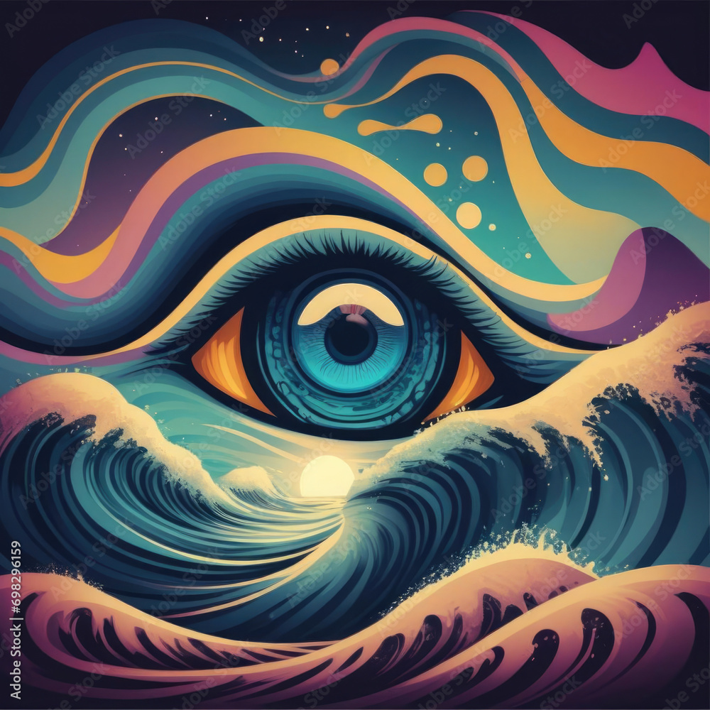 Psychedelic Ocean Waves with Human Eye - Ultra HD vector illustration ...