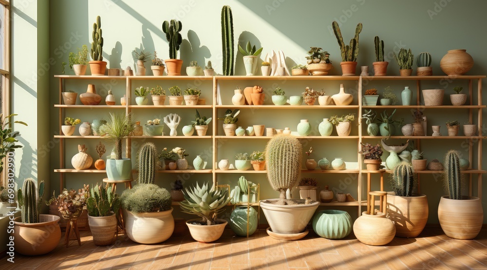 A vibrant array of potted plants, including cacti and houseplants ...