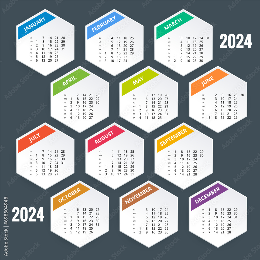 2024 Calendar, Print Template, Week Starts Sunday. Set of 12 Months. The calendar month is in a ...