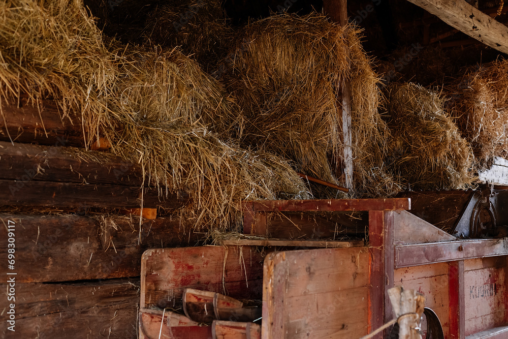 Kourim, Czech Republic, 17 December 2023: Inside rustic wooden old barn ...