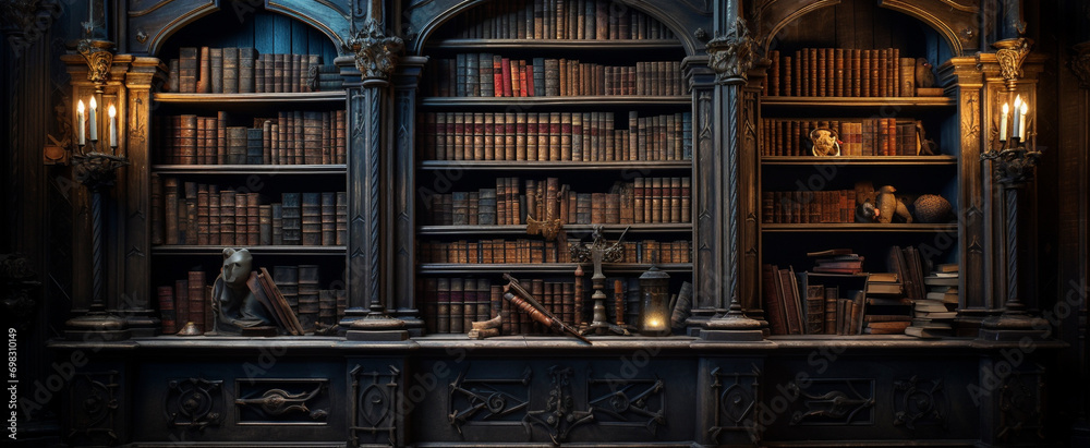 Ancient gothic library, dark and eerie library, magic medieval library ...