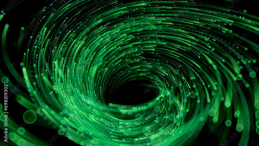 3d render, abstract wallpaper. Digital data transfer. Green glowing ...