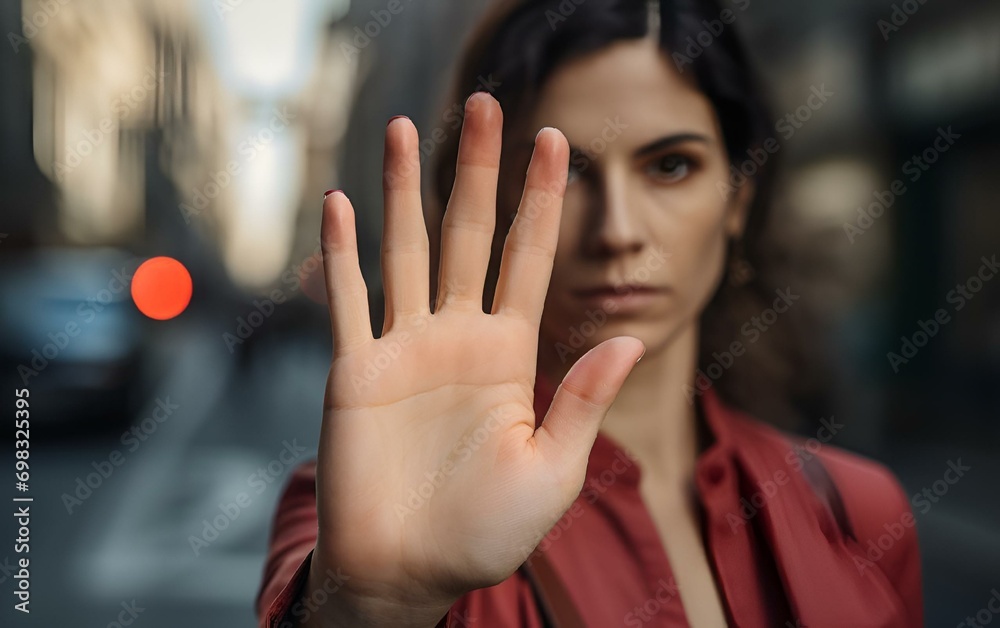 AI-generated illustration of a young woman presenting her open hand to ...