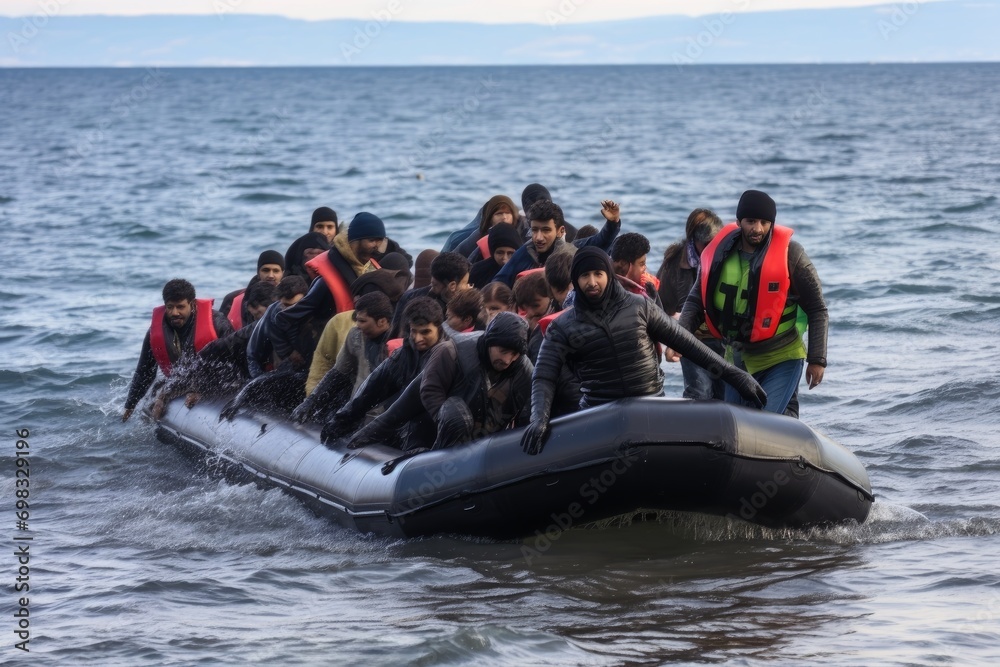 Fictional view of many refugees on a rubber dinghy. Stock Photo | Adobe ...