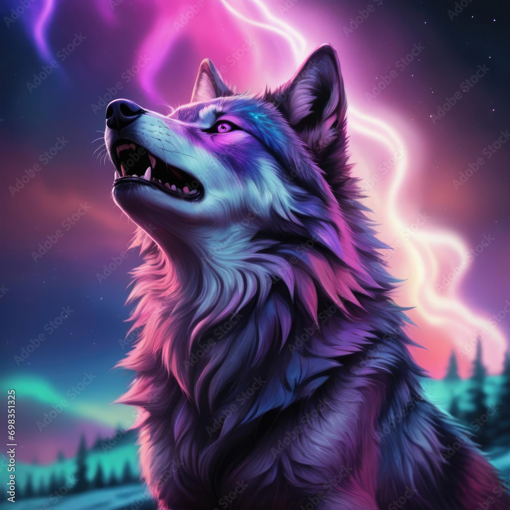 Psychedelic Wolf Howling Under Northern Lights Gen AI Stock ...