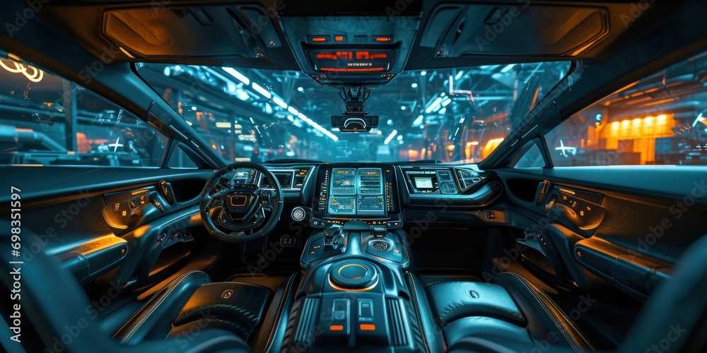 autonomous futuristic car dashboard concept with HUD and hologram ...