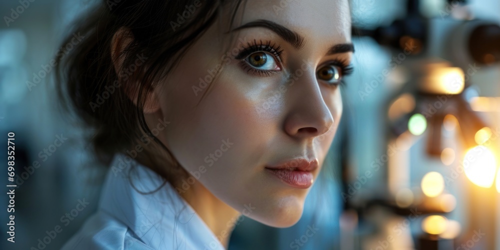 Female doctor at eye clinic with futuristic eye examination equipment ...