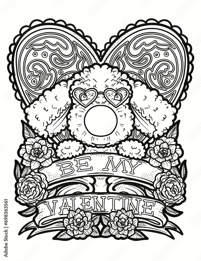 Coloring book page printable cute Valentine’s Day puppy and hearts ...