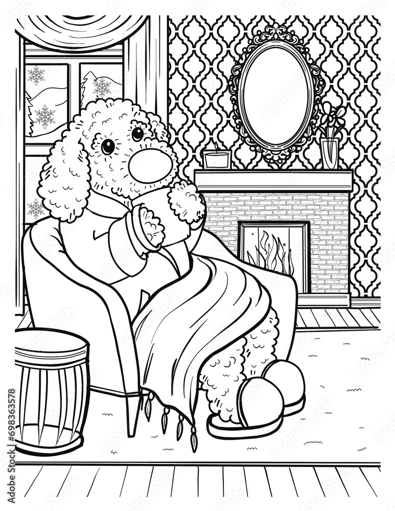 Cute coloring book page printable puppy dog sipping hot chocolate cozy ...