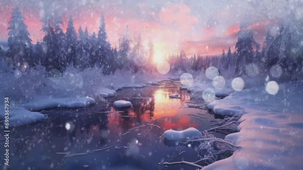 Winter scenery with snowfall in forests, rivers and streams Seamless ...