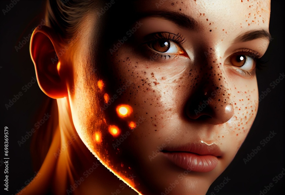 Dark spot of melasma on skin cell with sunlight. Skin problem and ...