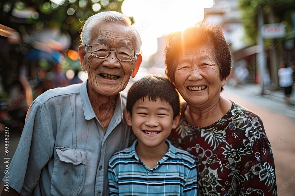 Inter-generational Bliss: Smiling Asian Grandparents and Grandson in ...