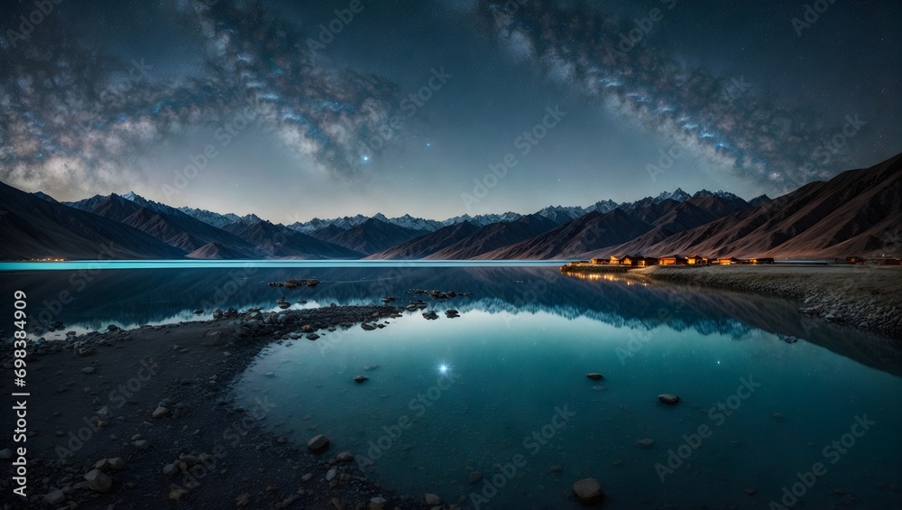 clear, starry night over Pangong Lake, with the Milky Way galaxy ...