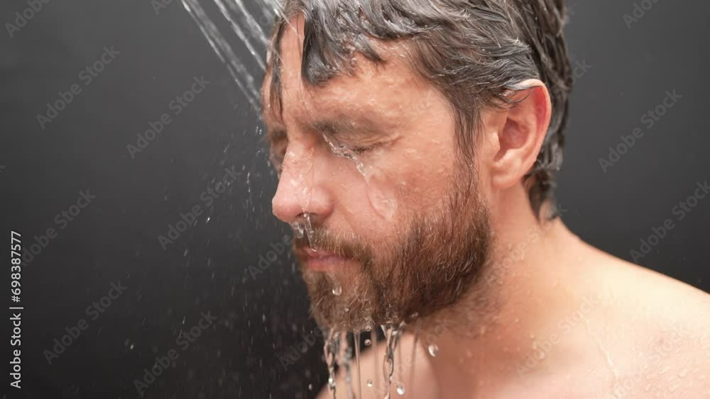 Man Washing Hair Close Up Portrait Man Bathing Shower Washing Hair