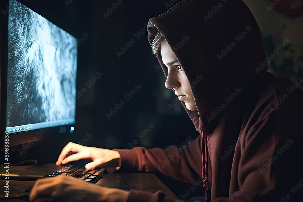 concentrated teenager gamer hood sits home cozy room uses computer ...