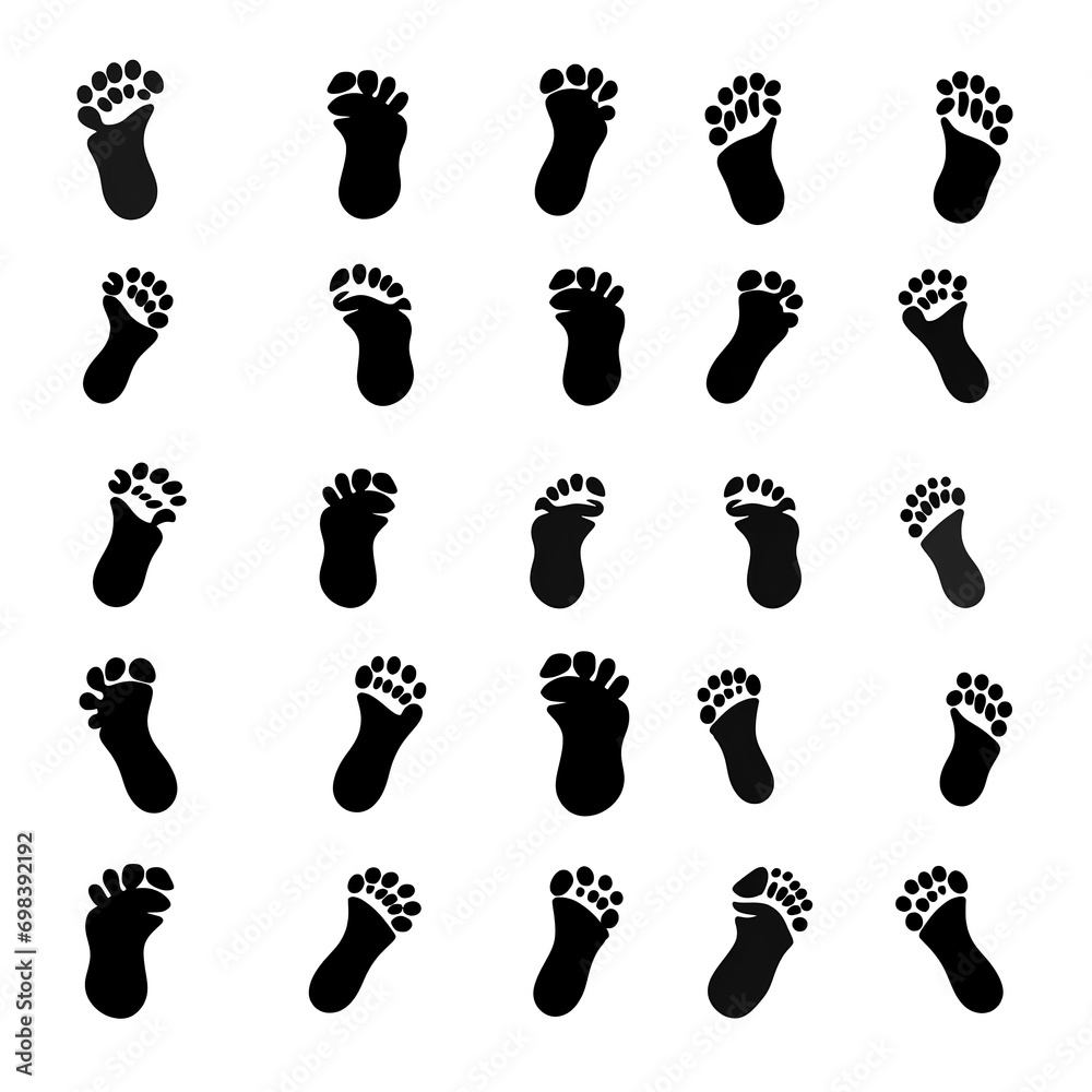 Footprint icons. Various human footprints, isolated on transparent ...