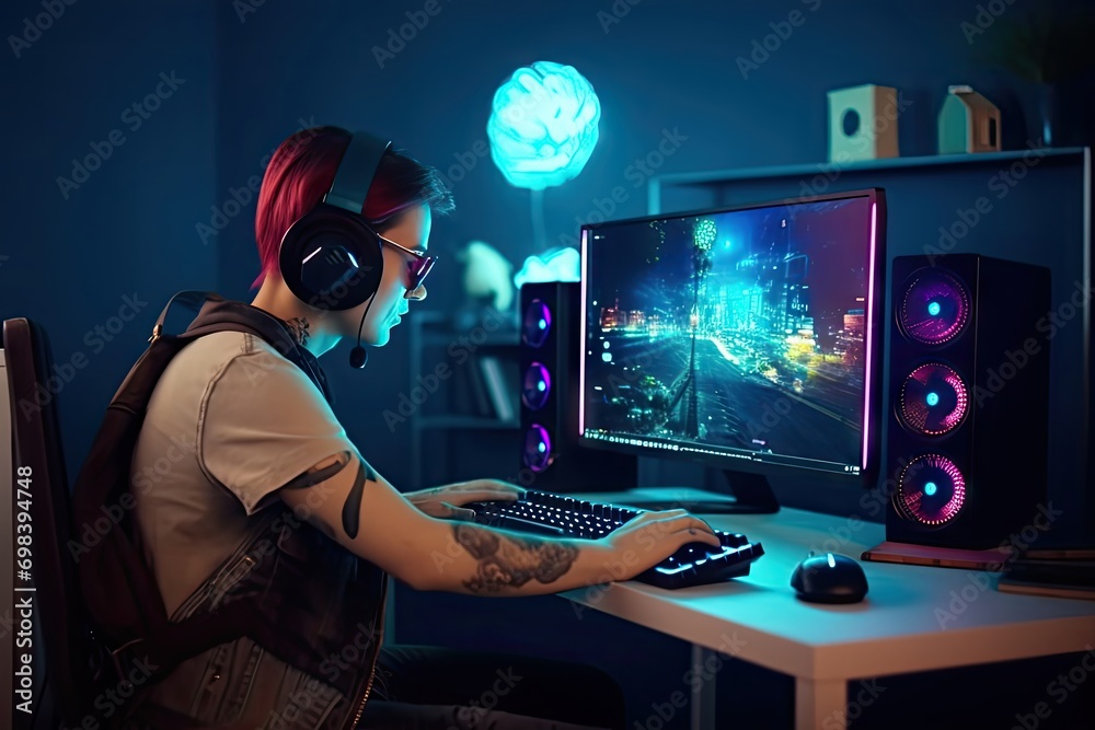 professional gamer playing first person shooter online video game ...